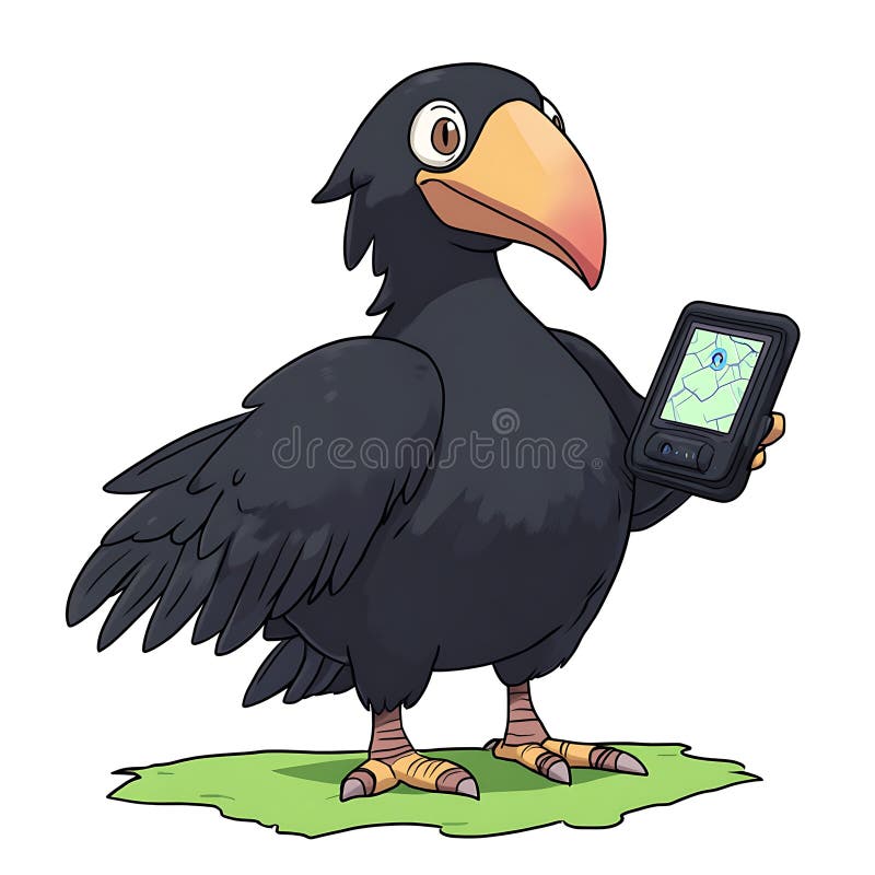 Cartoon Crow Holding a Smartphone GPS Navigation App Stock Illustration ...