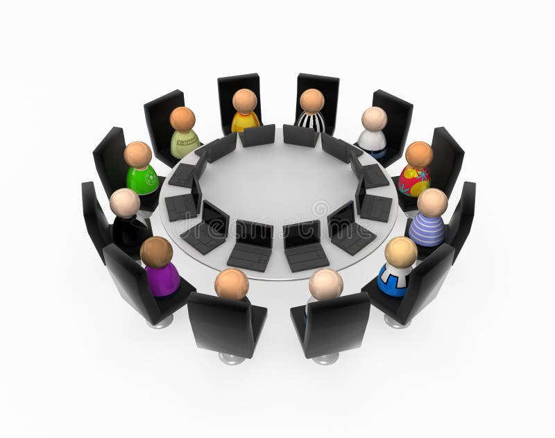 Cartoon Crowd, Round Table Laptops Stock Illustration - Illustration of ...