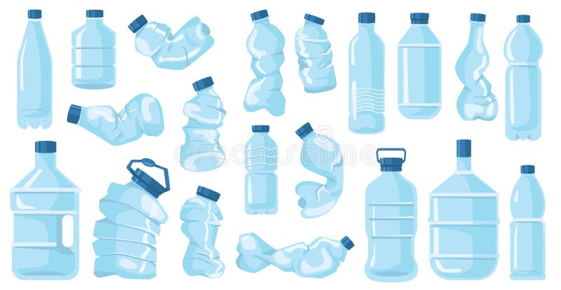 Cartoon Crumpled Bottles. Broken Containers for Drinking Water. Plastic ...