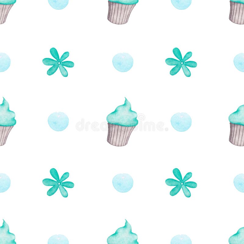 Cartoon Mint Cupcake and Flowers Seamless Pattern Stock Illustration ...