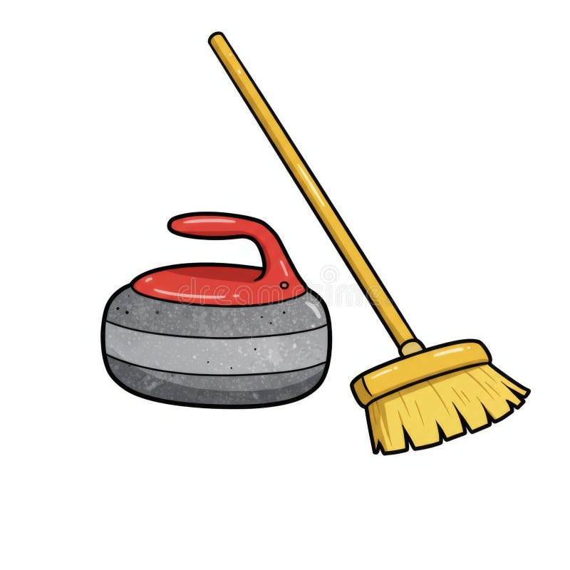 Cartoon Curling Stone with Red Handle and Yellow Broom on White ...