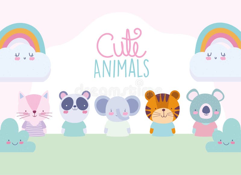 Cartoon Cute Animals Characters Rainbow Clouds Landscape Design Stock ...