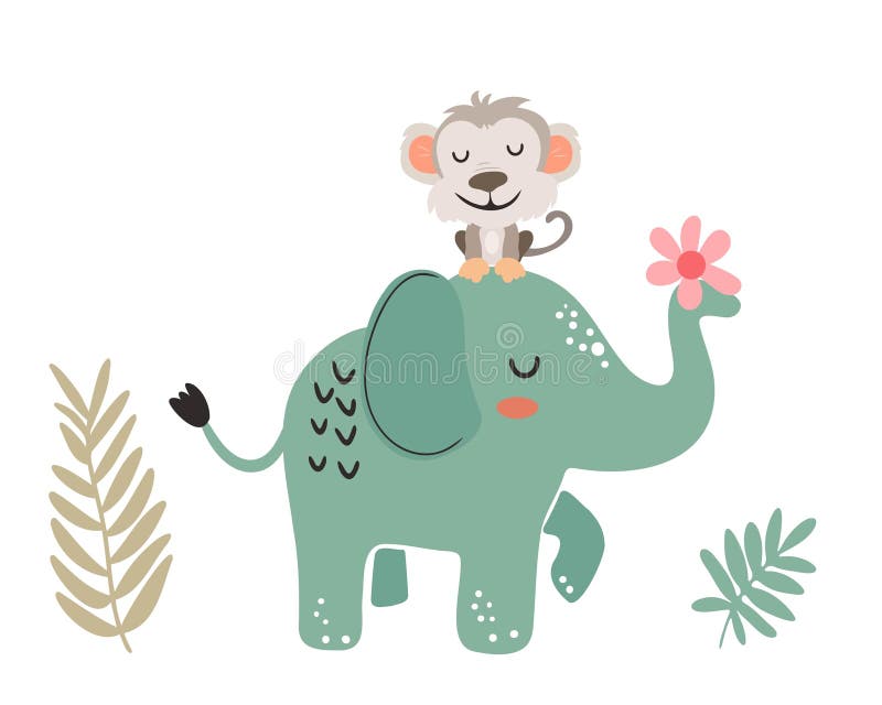 Cartoon Cute Baby Elephant with Monkey Sitting on His Back Stock ...