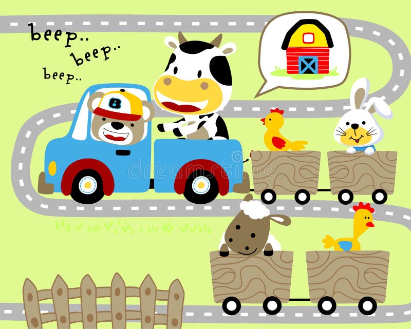 Cartoon of Cute Bear Driving Car Pulling Farm Animals on Cart Stock ...