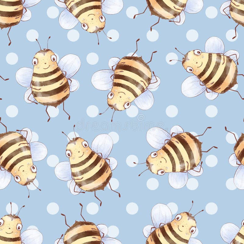 Cartoon Cute Bees Seamless Pattern. Watercolor Illustration Stock ...