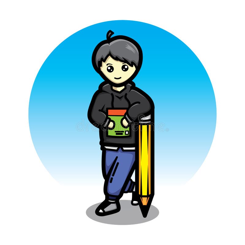 Cartoon Cute Boy Reading a Book while Leaning on a Large Pencil Stock ...