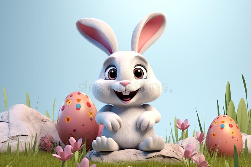 Cartoon Cute Bunny with Surrounded by Easter Eggs Sitting in Green Grass Stock Illustration ...