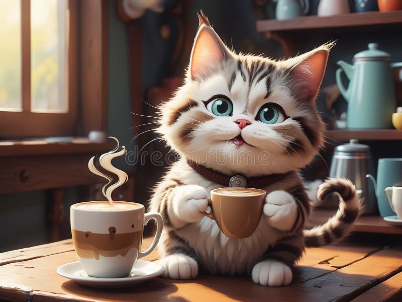 Cartoon Cute Cat with Coffee Kawaii Style - Generated by Ai Stock ...