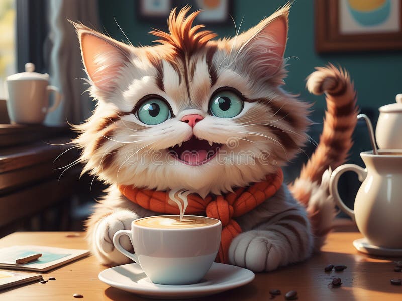 Cartoon Cute Cat with Coffee Kawaii Style - Generated by Ai Stock ...