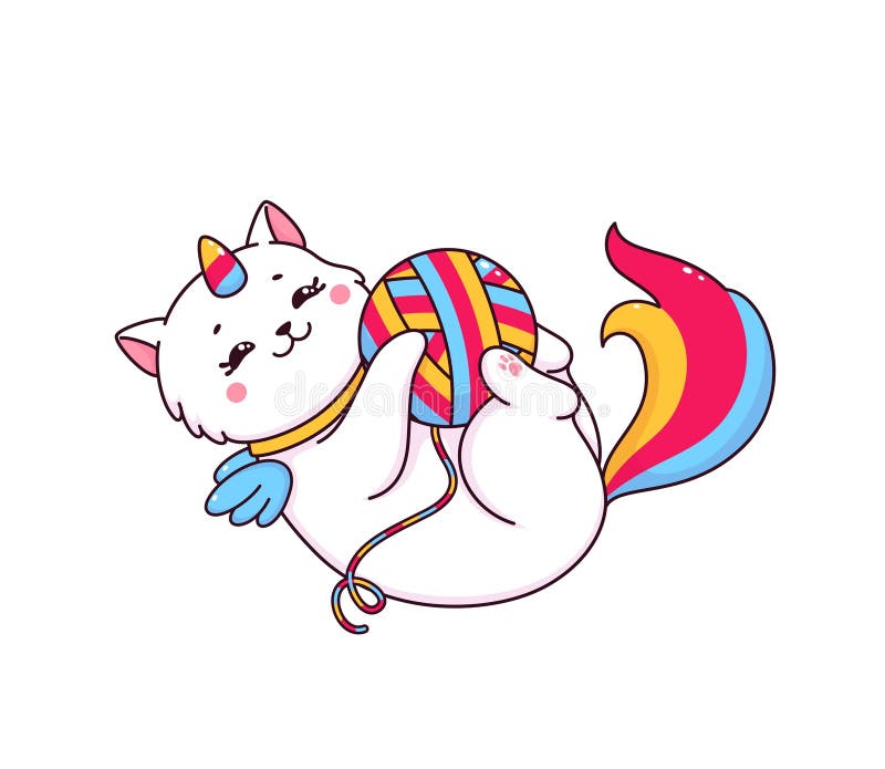 Cartoon Cute Caticorn Character Playing With Clew Stock Vector Illustration Of White Funny