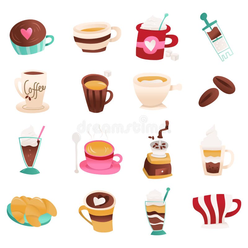 Cartoon Cute Coffee Cafe Icon Set Stock Illustration - Illustration of ...