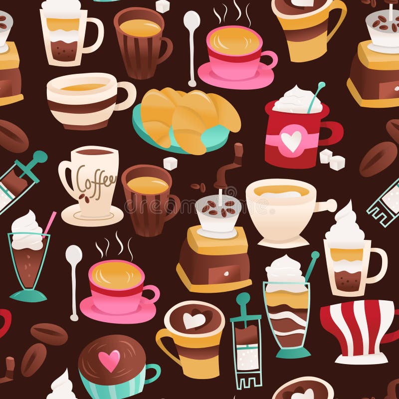 Cartoon Cute Coffee Cafe Seamless Pattern Background Stock Illustration ...