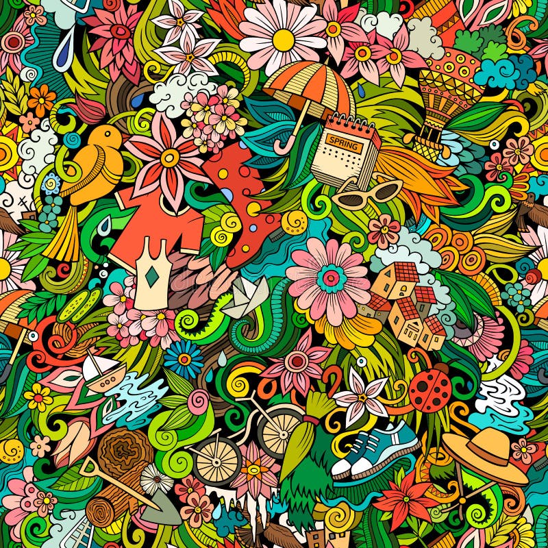 Cartoon Cute Doodles Hand Drawn Spring Seamless Pattern. Stock Vector ...