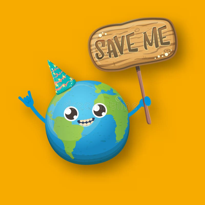 Cartoon Cute Earth Planet Character with Funky Hat Holding Sign with ... Cartoon Cute Earth Planet Character with Funky Hat Holding Sign with ...