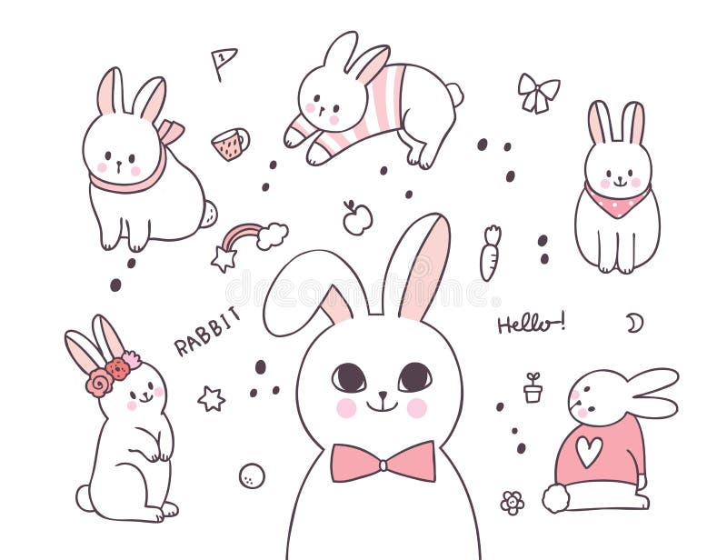 Cartoon Cute Elements Adorable Rabbit Actions Vector. Stock ...