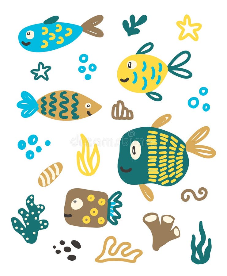 Cartoon Cute Fish Collection with Seaweed and Ocean Set Elements Stock ...