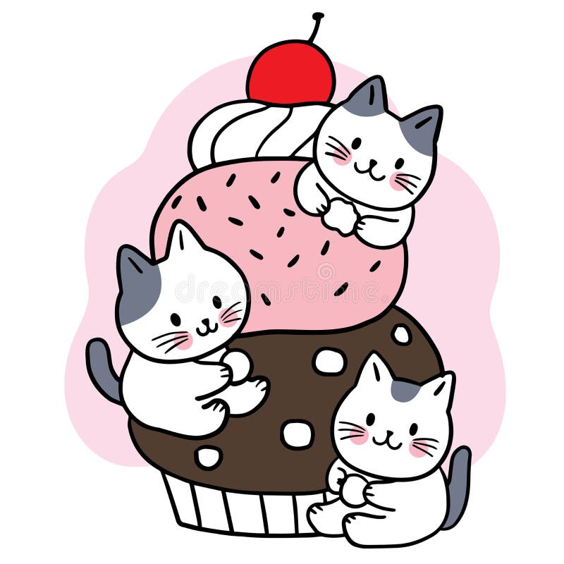 Cartoon Cute Funny Cat and Cup Cake Vector. Stock Vector - Illustration ...