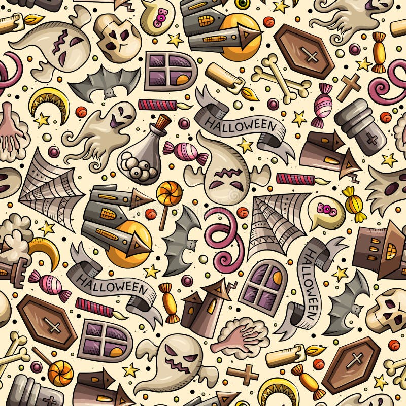 Cartoon Cute Hand Drawn Halloween Seamless Pattern Stock Vector ...