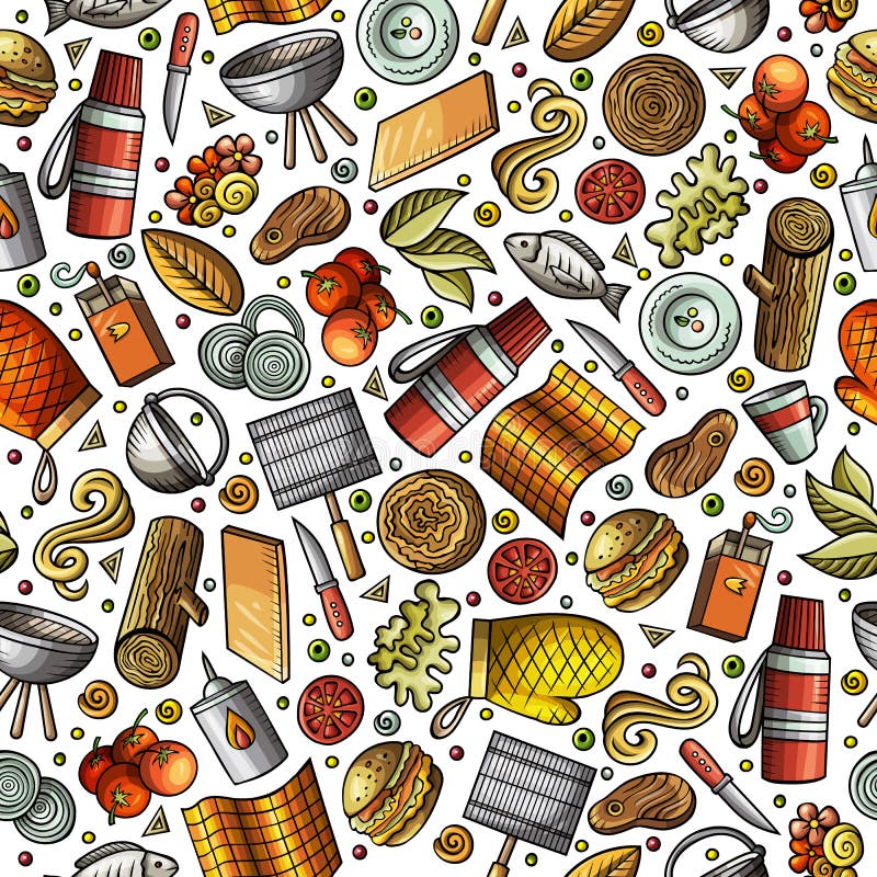Cartoon Cute Hand Drawn Picnic Seamless Pattern Stock Illustrations ...