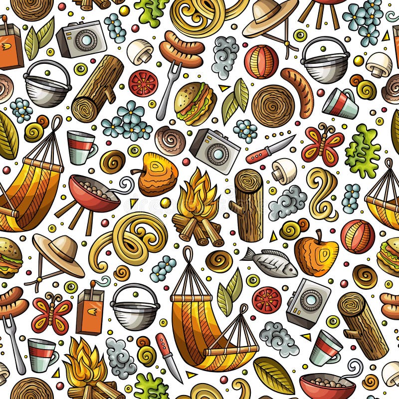 Cartoon Cute Hand Drawn Picnic Seamless Pattern Stock Illustrations ...