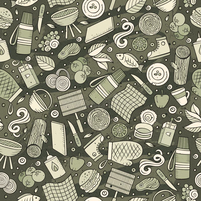 Cartoon Cute Hand Drawn Picnic Seamless Pattern Stock Illustrations ...