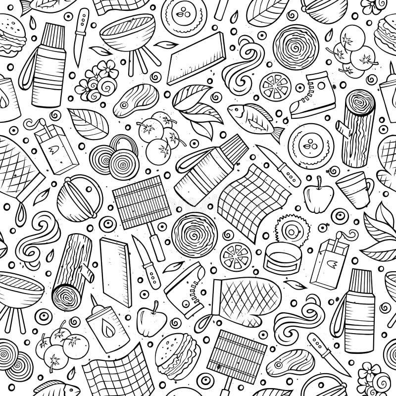 Cartoon Cute Hand Drawn Picnic Seamless Pattern Stock Vector ...