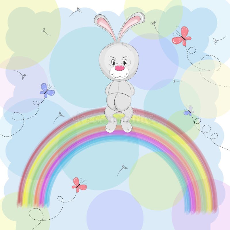 Cartoon a Cute Happy Rabbit Sitting on the Rainbow. Stock Vector ...