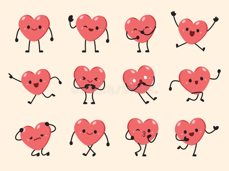Cartoon Cute Heart Character Different Poses Vector Set Stock Vector ...