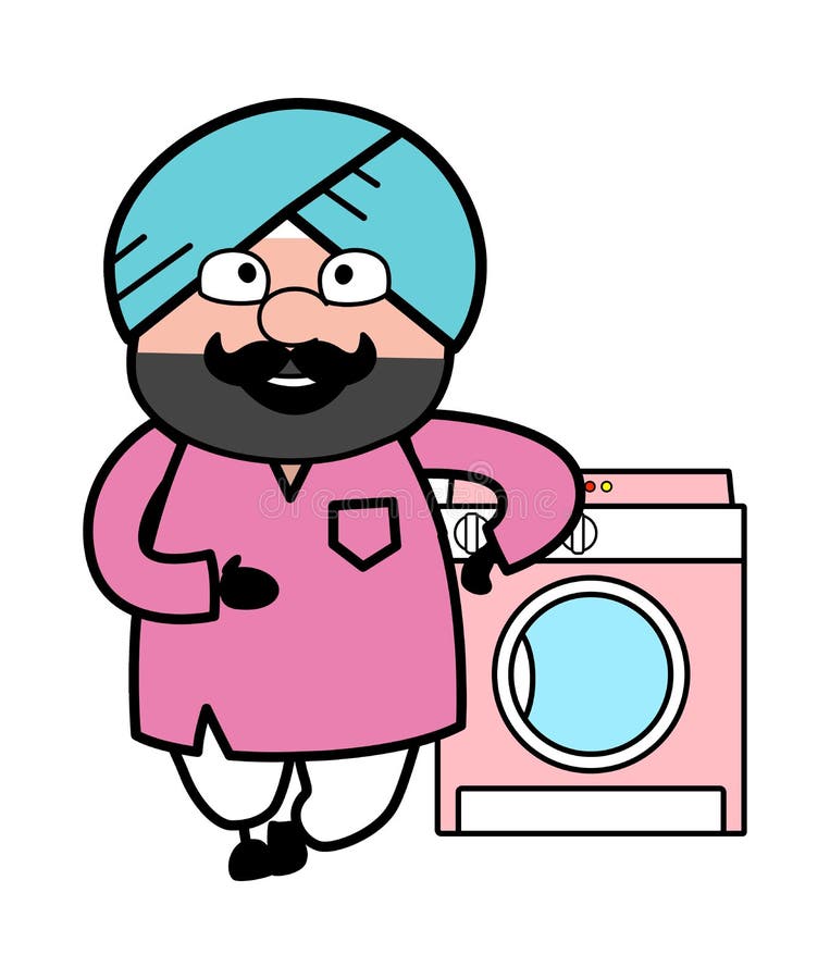 Cartoon Cute Sardar Standing with Washing Machine Stock Illustration ...