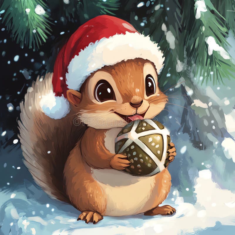 Cartoon Cute Squirrel Wearing a Santa Hat Holding a Gift Stock Photo ...