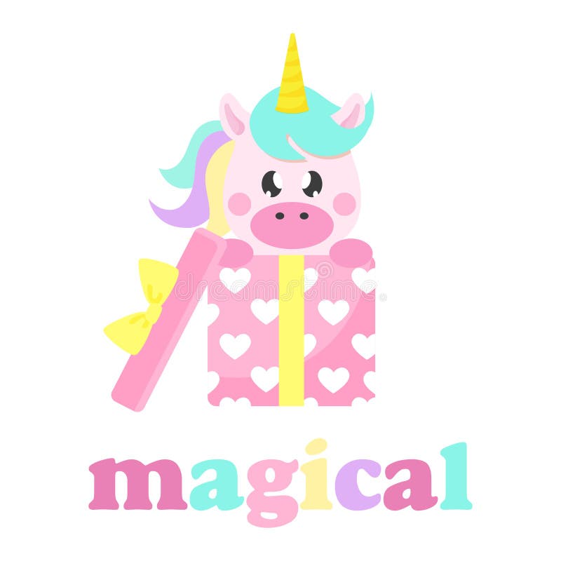 Cartoon Cute Unicorn Gift with Text Stock Illustration - Illustration ...