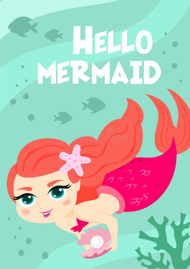 Cartoon Cute Vector Card with Little Mermaid. Summer Poster Happy ...