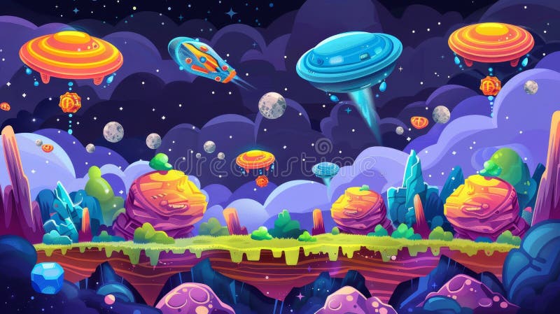 Cartoon 2D Alien Planet Landscape Image with Spaceship, Arcade Elements ...