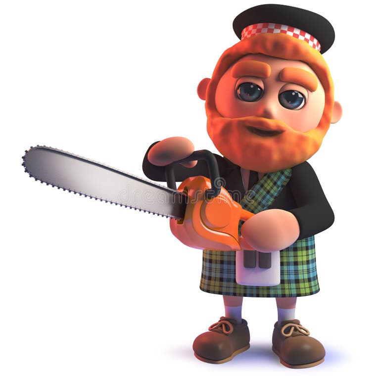 Cartoon 3d Funny Scottish Man in Kilt Using a Chainsaw Stock ...