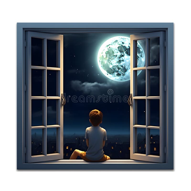Cartoon 3d Kid Looking at the Full Moon through the Window Stock ...