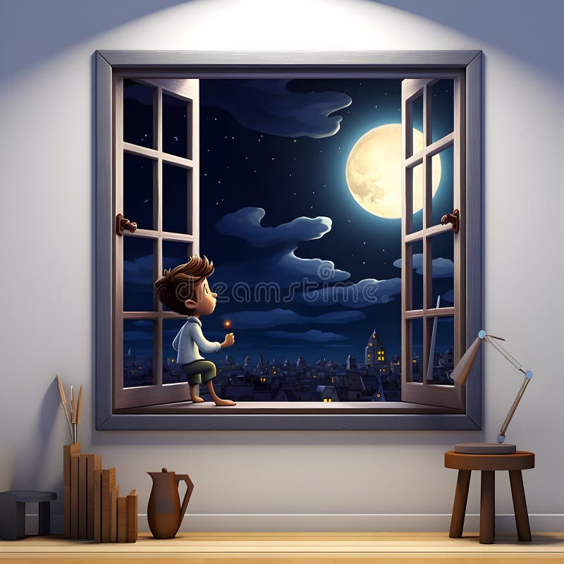 Cartoon 3d Kid Looking at the Full Moon through the Window Stock ...