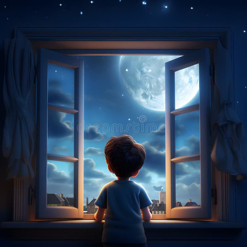 Cartoon 3d Kid Looking at the Full Moon through the Window Stock ...