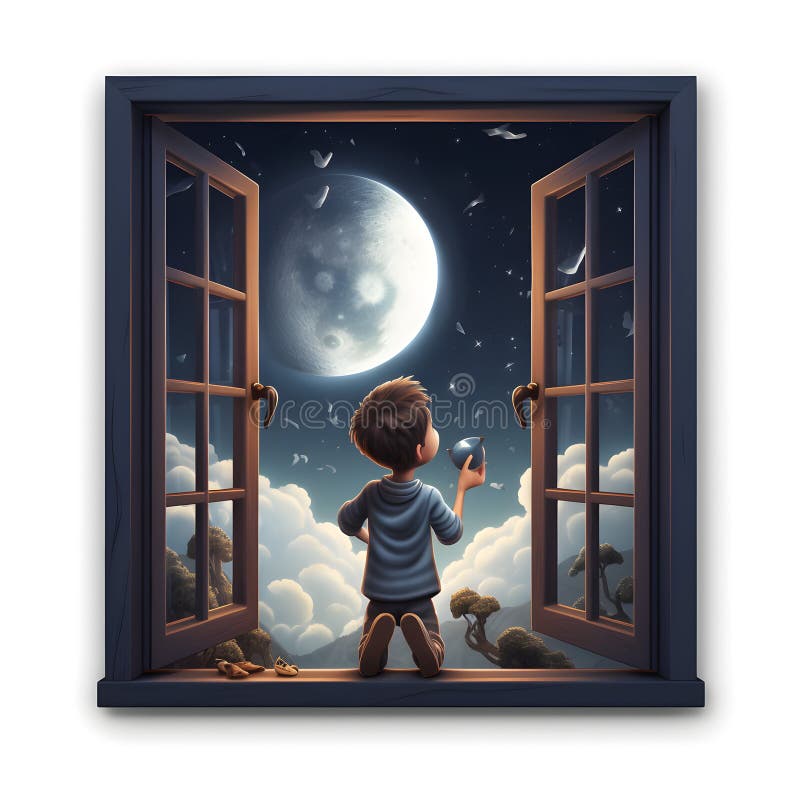Cartoon 3d Kid Looking at the Full Moon through the Window Stock ...