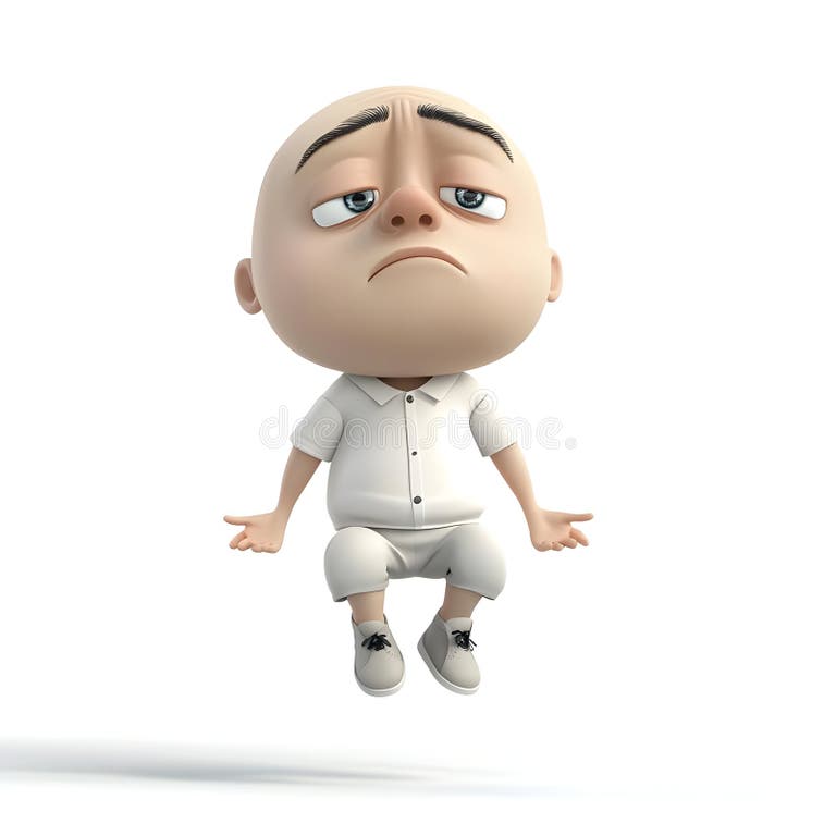 Cartoon 3D Render of a Bald Character Sitting Down with a Sad ...