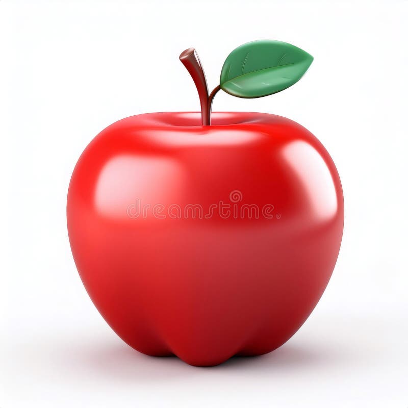 Cartoon 3D Rendering of a Shiny Red Apple with Stem and Leaf, Isolated ...