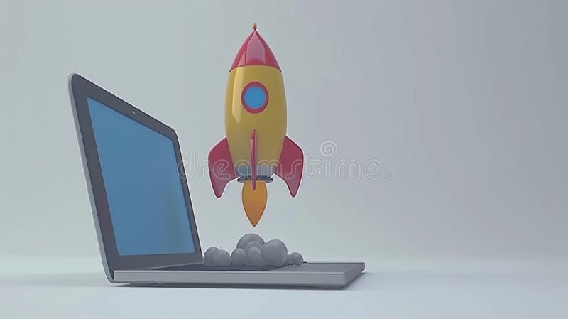 Cartoon 3d Style Illustration Rocket Launching from Laptop Screen on ...