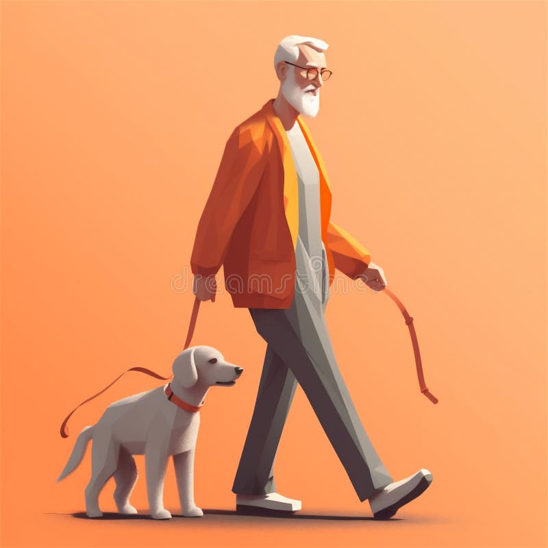 Cartoon 3D Stylized Illustration of Elderly Man Walking with Guide Dog ...