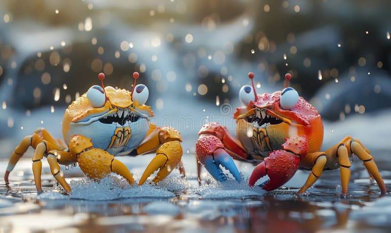 Cartoon, 3D, Two Crabs Walking in the Water Along the Shore. Stock ...