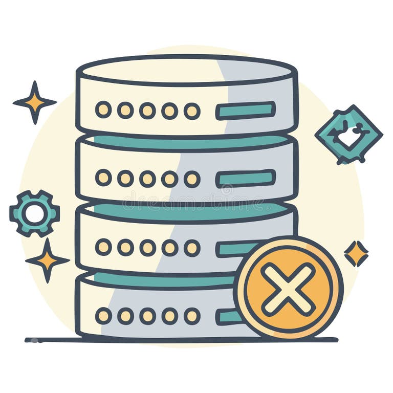 Cartoon Data Server with Gear, Delete Icon, Broken Icon, and Star ...