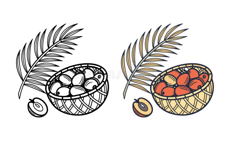 Cartoon Dates in Woven Basket with Palm Branch Stock Vector ...