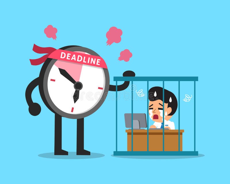 Cartoon Deadline Clock Character with Businessman Working in Prison ...