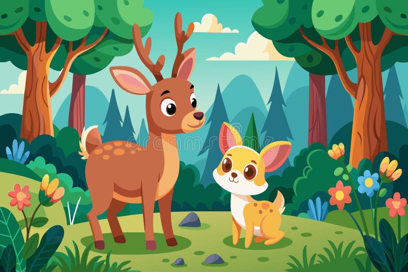 A Cartoon of a Deer and a Dog Standing in a Forest Stock Illustration ...