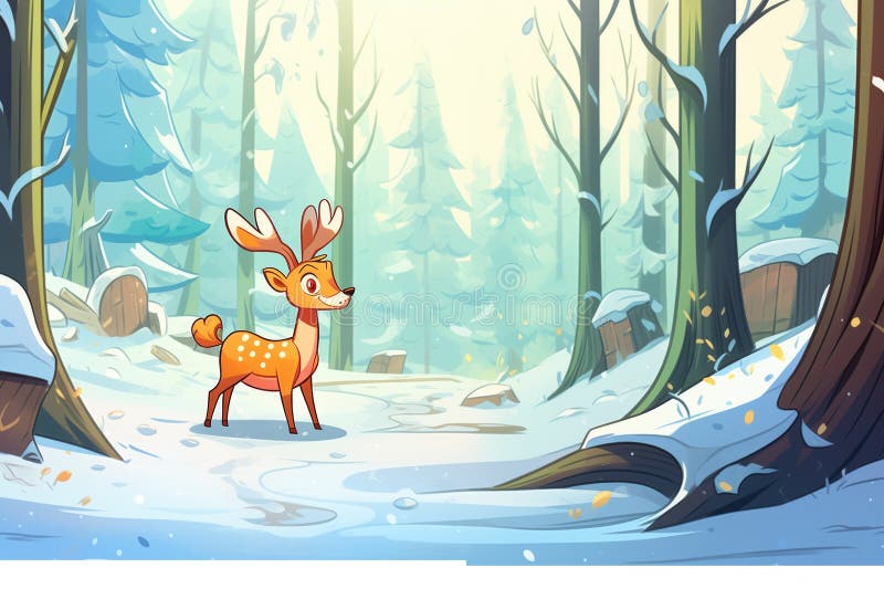 Cartoon Deer Foraging Near a Snowdrift in a Forest Stock Illustration ...