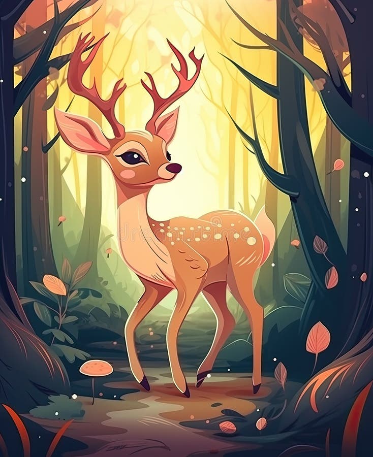 Cartoon Deer in the Forest among the Trees. Stock Illustration ...