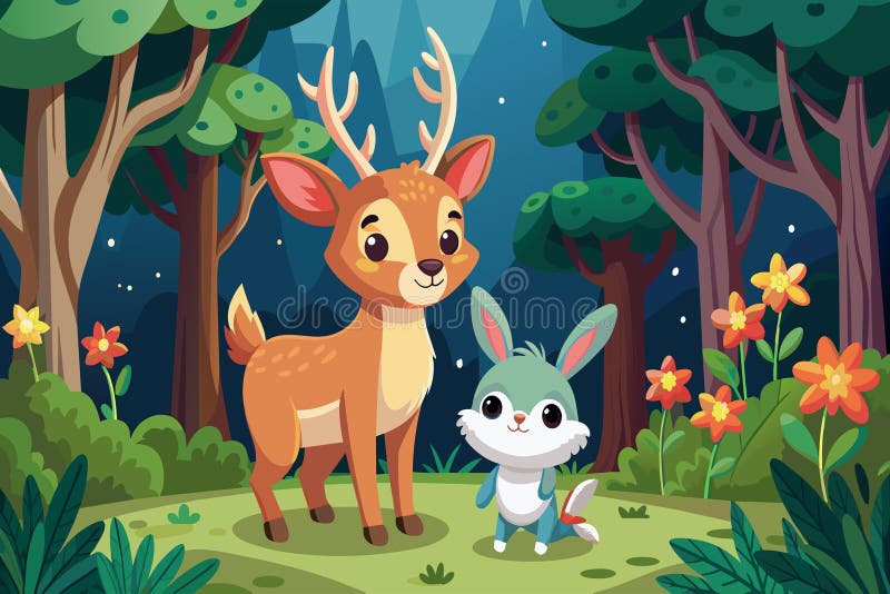 A Cartoon of a Deer and a Rabbit Standing in a Forest Stock ...